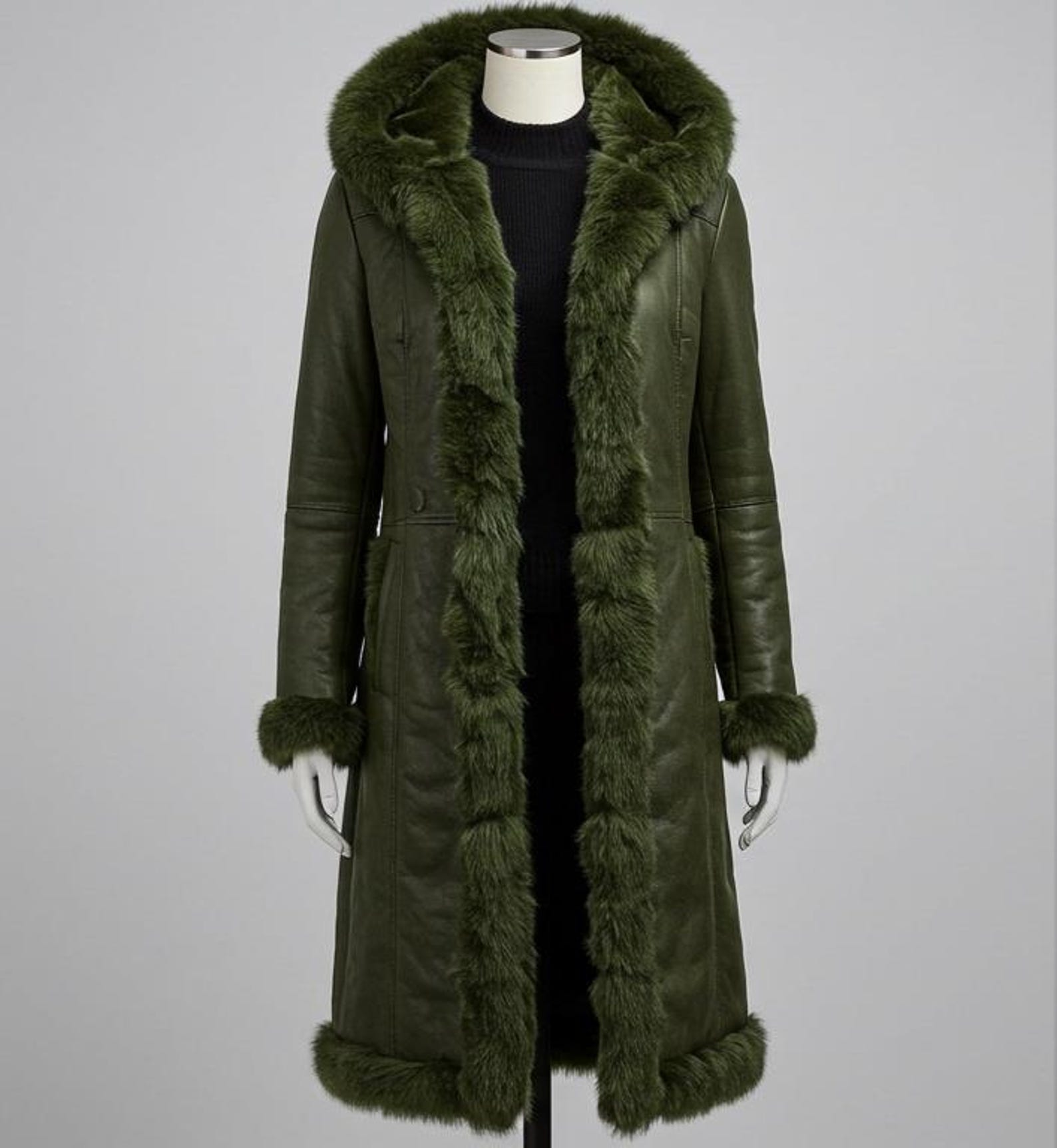 Women’s Green Genuine Sheepskin Long Hooded Shearling Coat With Fur ...