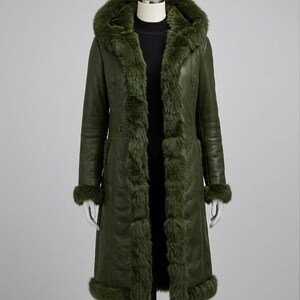 Women’s Green Genuine Sheepskin Long Hooded Shearling Coat With Fur ...