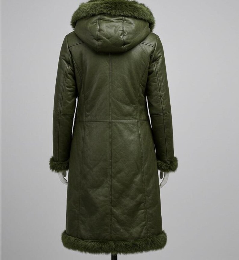 Women’s Green Genuine Sheepskin Long Hooded Shearling Coat With Fur ...
