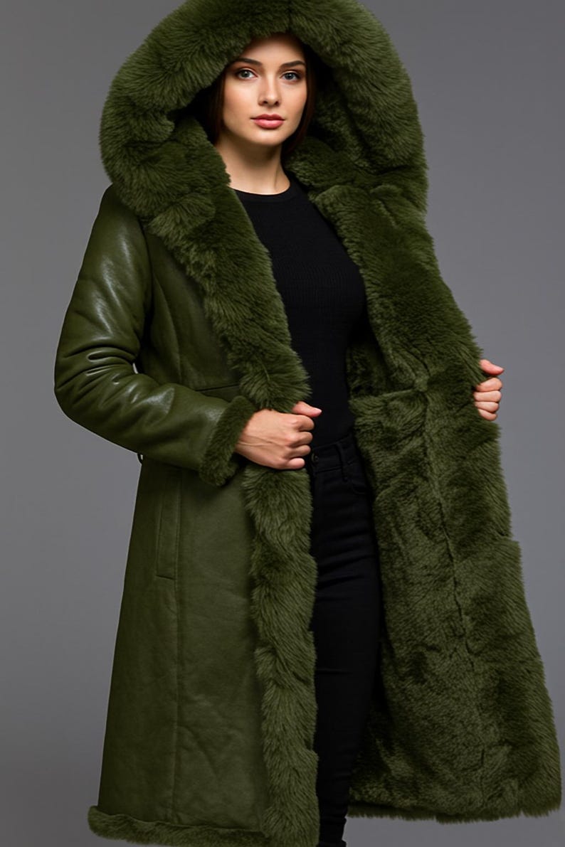 Women’s Green Genuine Sheepskin Long Hooded Shearling Coat With Fur ...