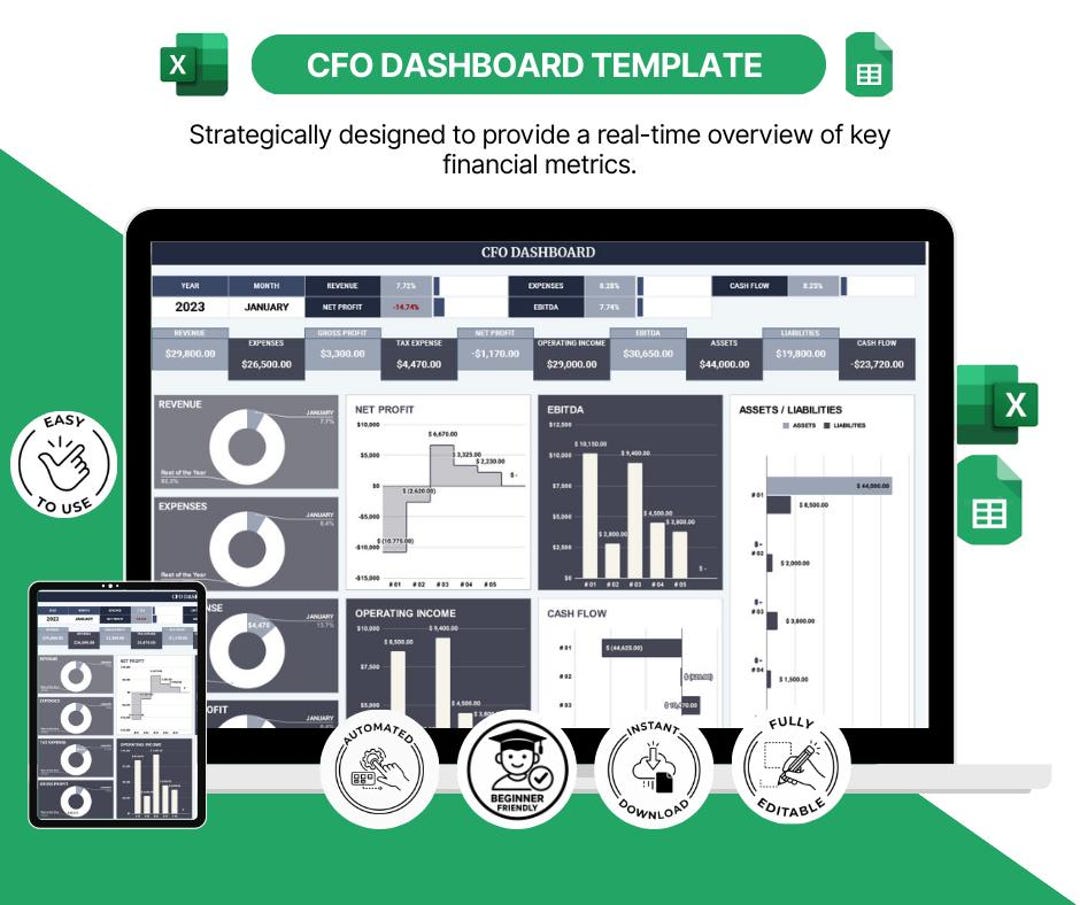 CFO Dashboard Template: Excel, Google Sheets Financial Tracker (instant ...