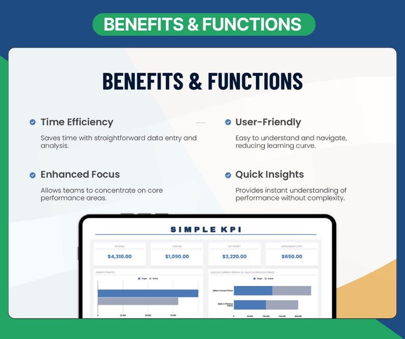 Simple KPI Dashboard Template for Excel, Google Sheets (digital ...