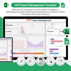 KPI Project Management Dashboard | Excel & Google Sheets Template | Task Tracker, Expense ...