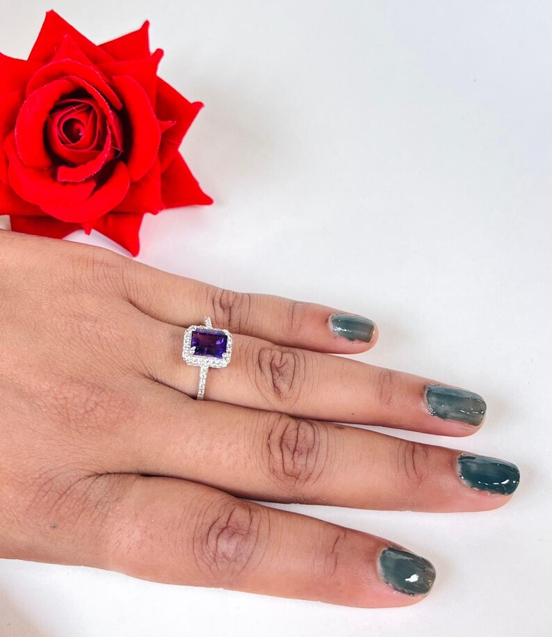 Natural Amethyst Emerald Cut Ring, 925 Sterling Silver, Boho Engagement ...