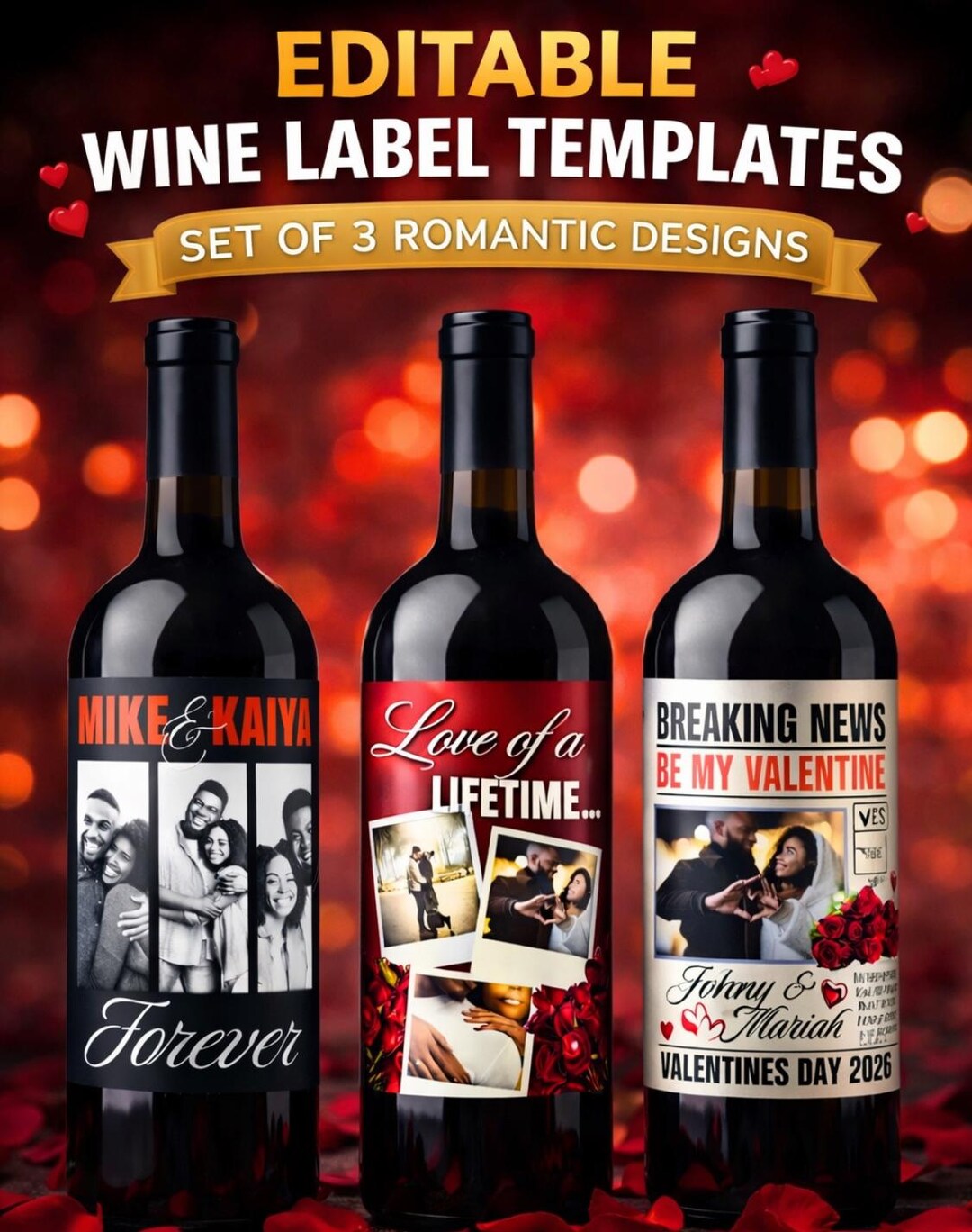 Personalized Wine Label Templates | Set of 3 Romantic Designs (instant ...