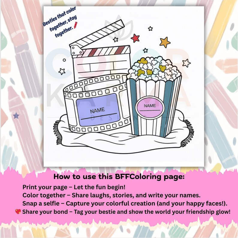 BFF Coloring Page of Movie Night Design, Cozy Film Reel & Popcorn ...