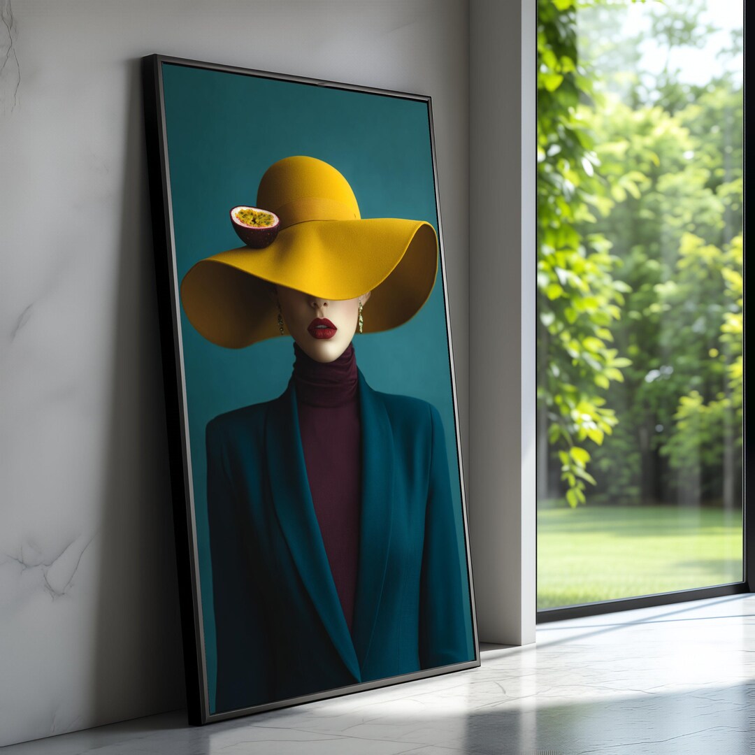 Elegant Woman in Yellow Wide Brim Hat Canvas, Fashion Portrait Wall Art ...