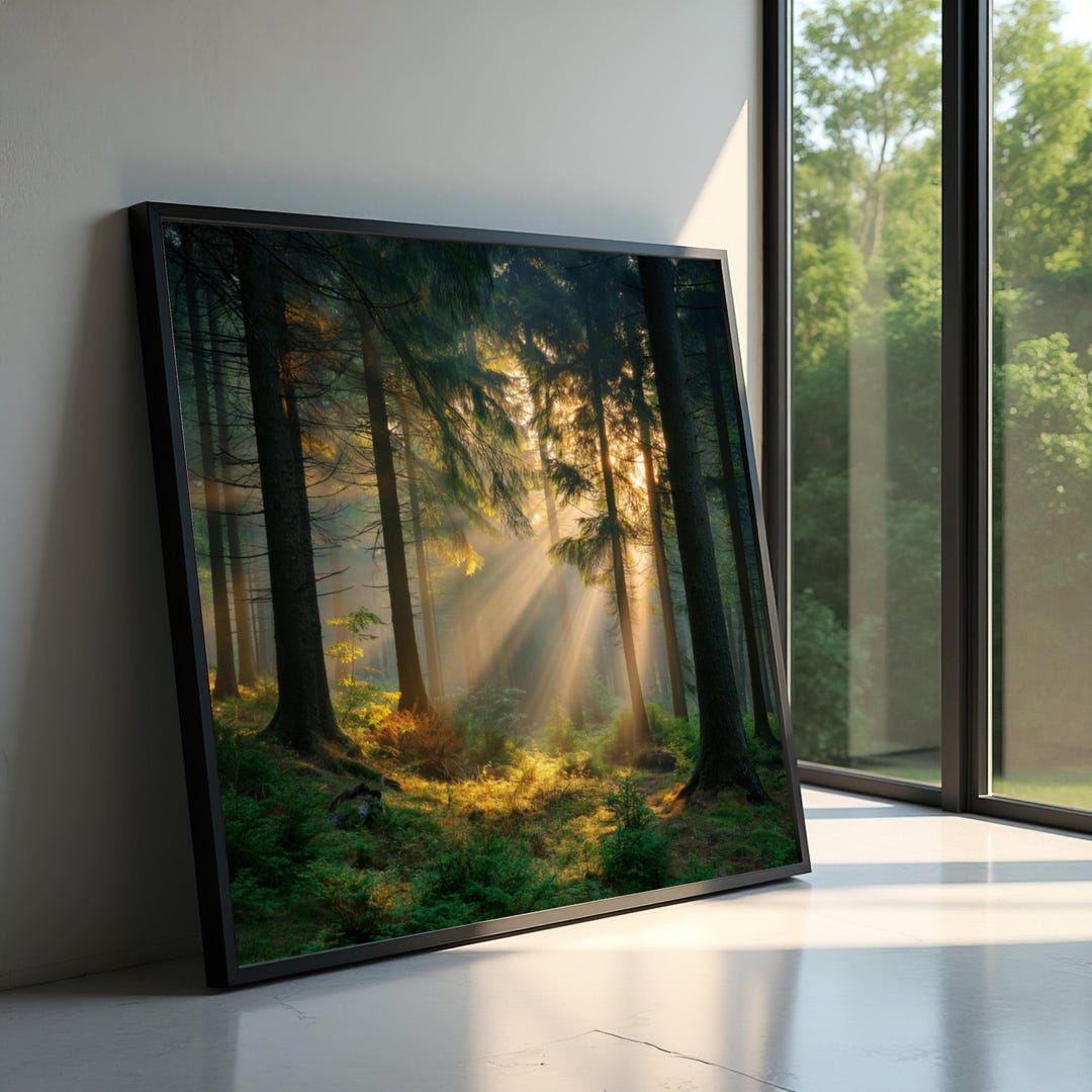 Enchanted Forest Sunbeams, Morning Light in Pine Woods Canvas, Nature ...