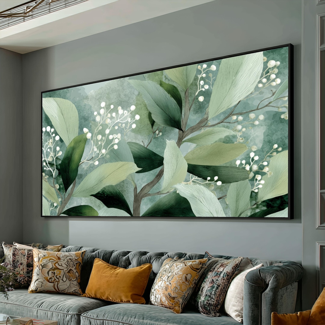 Botanical Green Leaves Canvas Wall Art, Modern Nature Illustration ...