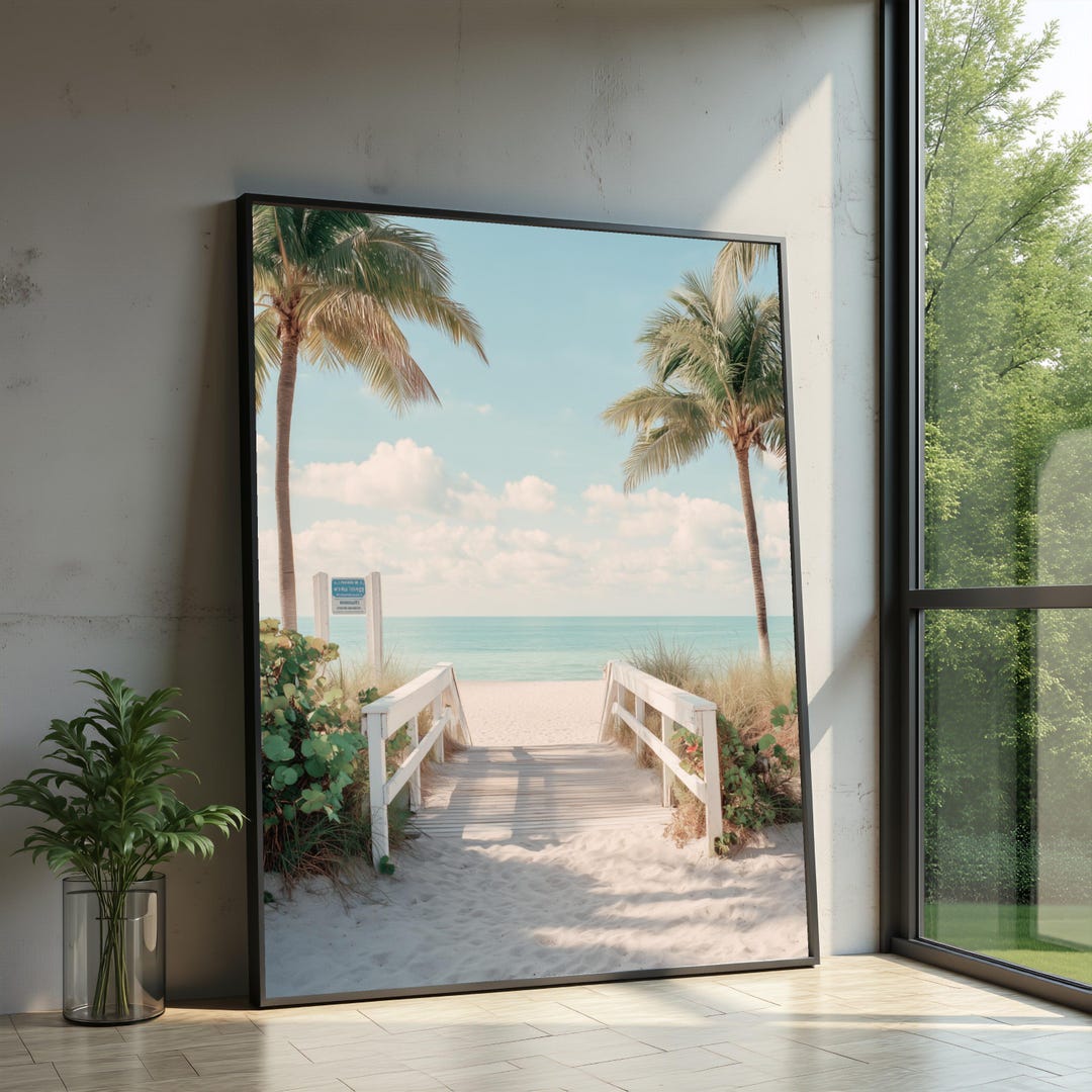 Sunny Miami Beach Path Canvas, Tropical Palm Trees Wall Art, Coastal ...