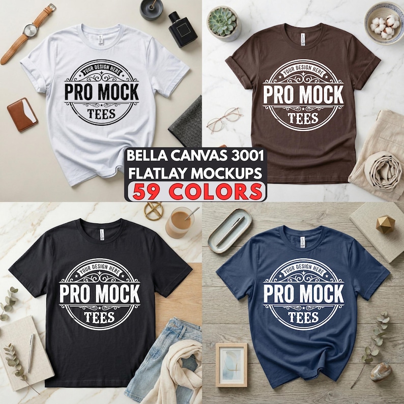 Bella Canvas 3001 Mockup Bundle | 59 Flat Lay Lifestyle Colors (digital ...