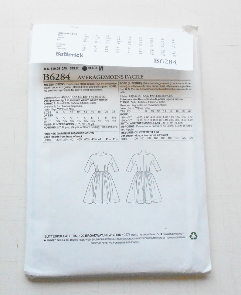 Butterick 6284, Size 6,8,10,12,14; UNCUT, Out of Print, Retro Dress ...