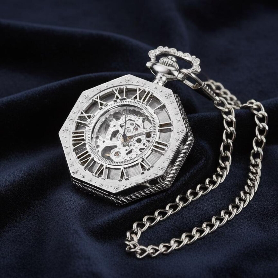 Silver Hexagonal Mechanical Pocket Watch With Skeleton Roman Dial & Fob ...