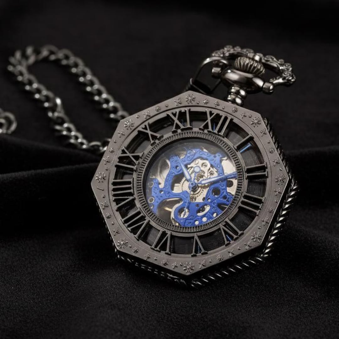 Black Steampunk Hexagonal Pocket Watch · Mechanical Skeleton Roman Dial ...