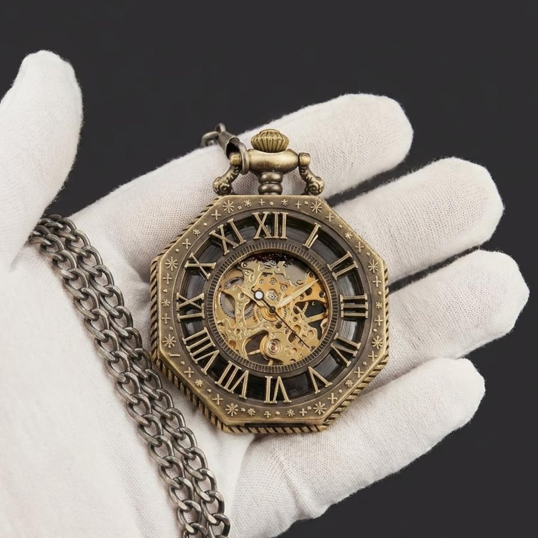 Bronze Steampunk Pocket Watch • Hexagonal Skeleton Roman Dial, Fob ...