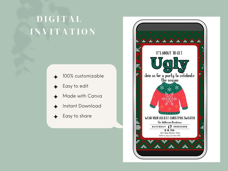 Ugly Sweater Christmas Party Invitation | Editable Holiday Party ...