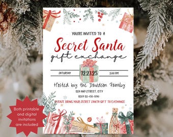 Editable Secret Santa Gift Exchange Invitation Santa Holiday Gift ...