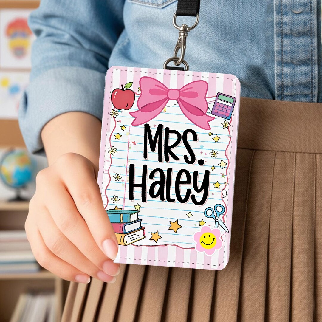 Personalized Coquette Teacher ID Badge Holder, Custom Name Lanyard ...