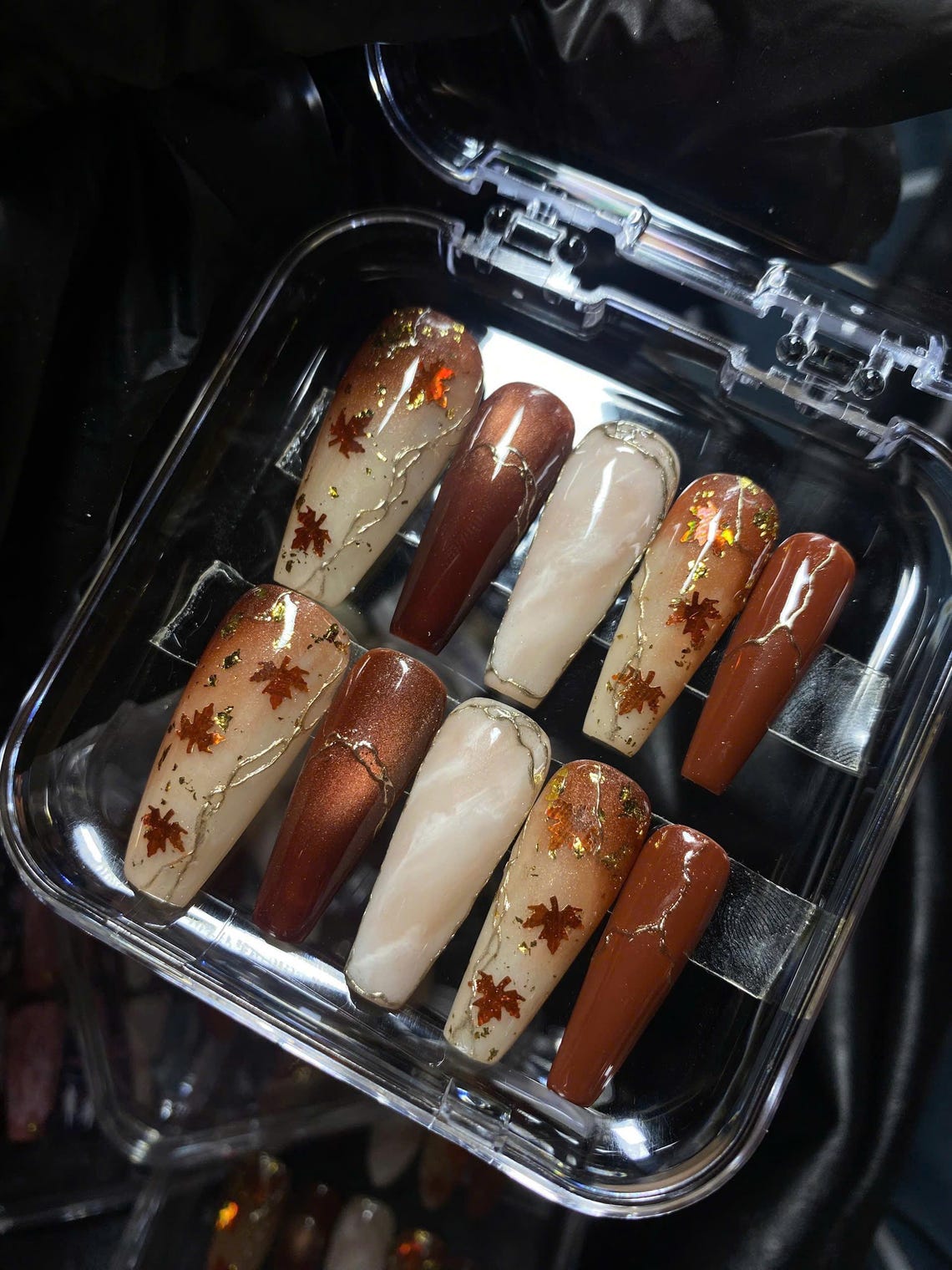 Handmade Autumn Maple Leaf Press on Nails, Brown & Gold Trendy Nails ...