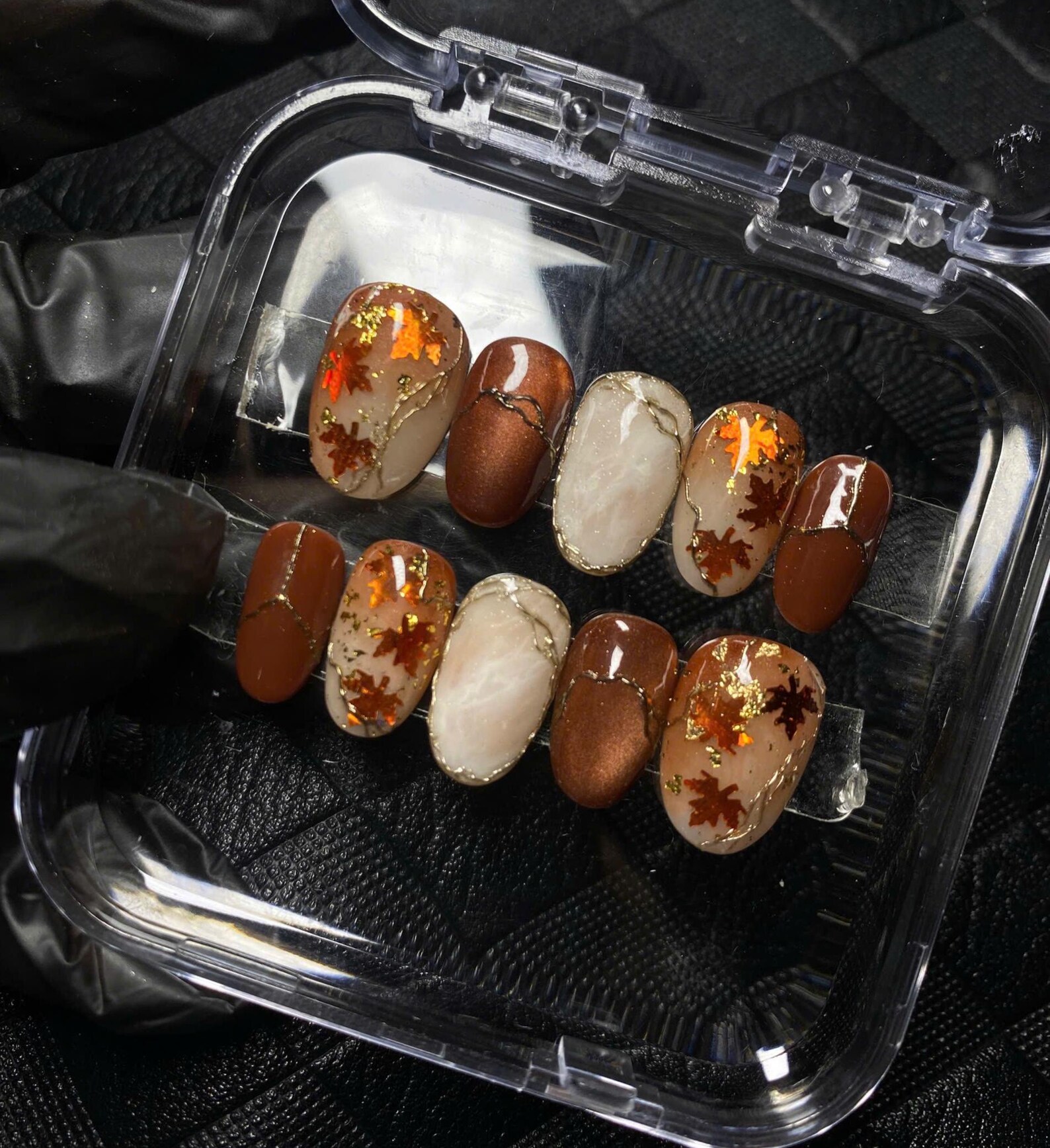 Handmade Autumn Maple Leaf Press on Nails, Brown & Gold Trendy Nails ...