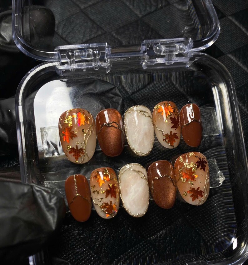 Handmade Autumn Maple Leaf Press on Nails, Brown & Gold Trendy Nails ...