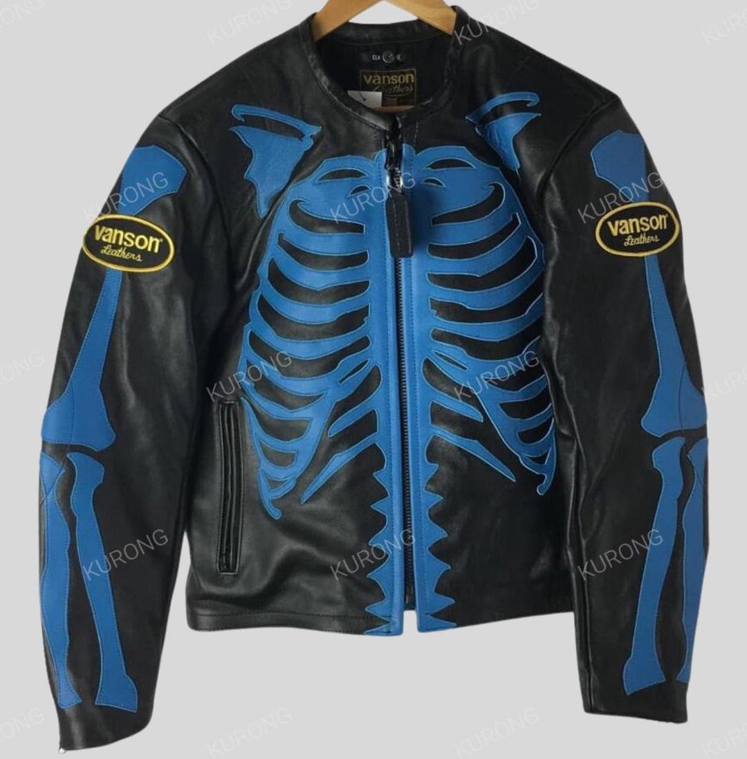 Vanson Bones Flat Track Jacket, Genuine Cowhide Leather Jacket, Blue ...
