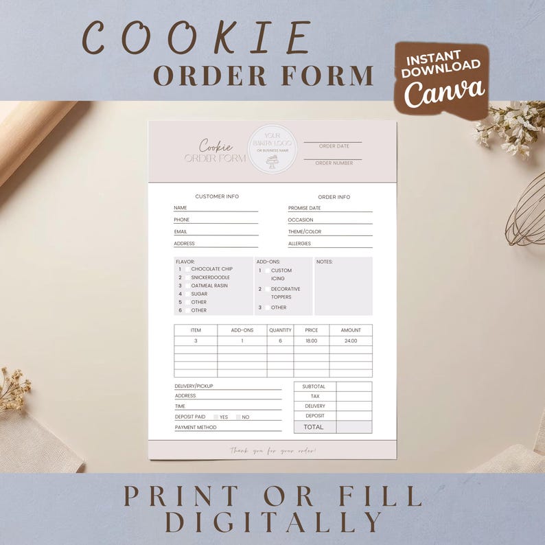 Cookie Order Form | Editable Canva Bakery Business Template for Print ...