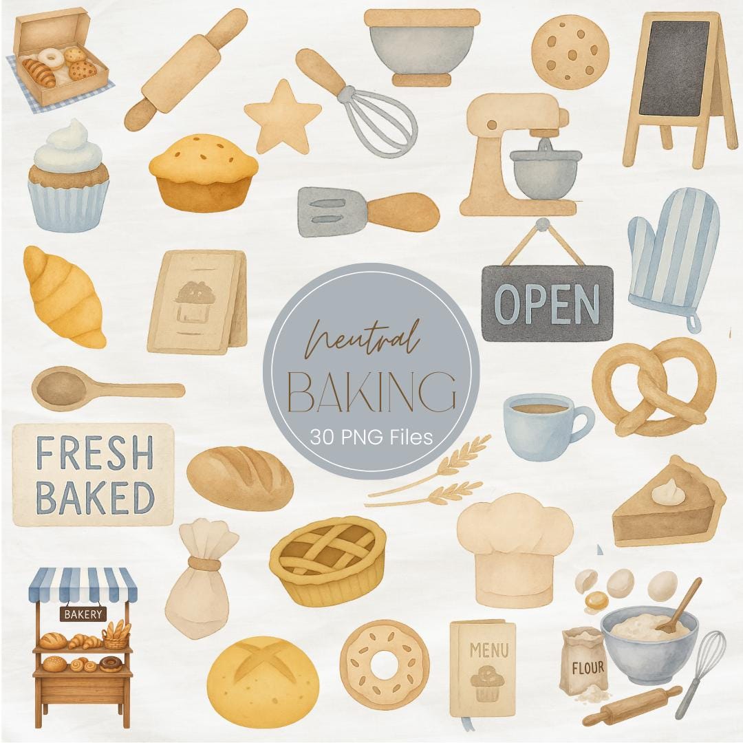 Watercolor Bakery Clipart: Cozy Food Icons for Cafe & Etsy (PNG Digital ...
