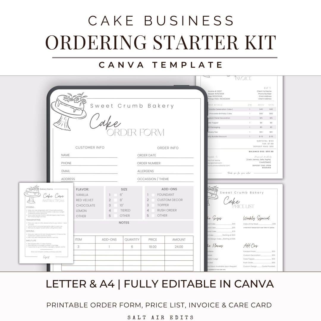 Cake Order Form Bundle, Printable Bakery Business Kit, Price List ...