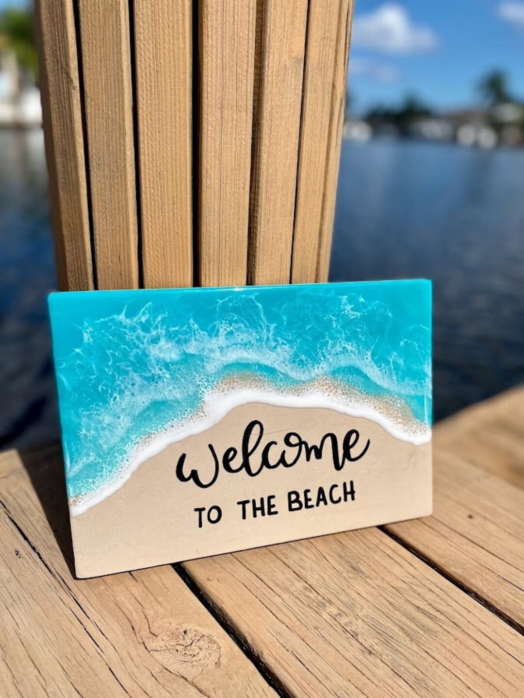 Beach Welcome Sign: Hand-lettered Resin Ocean Wave Decor - Etsy