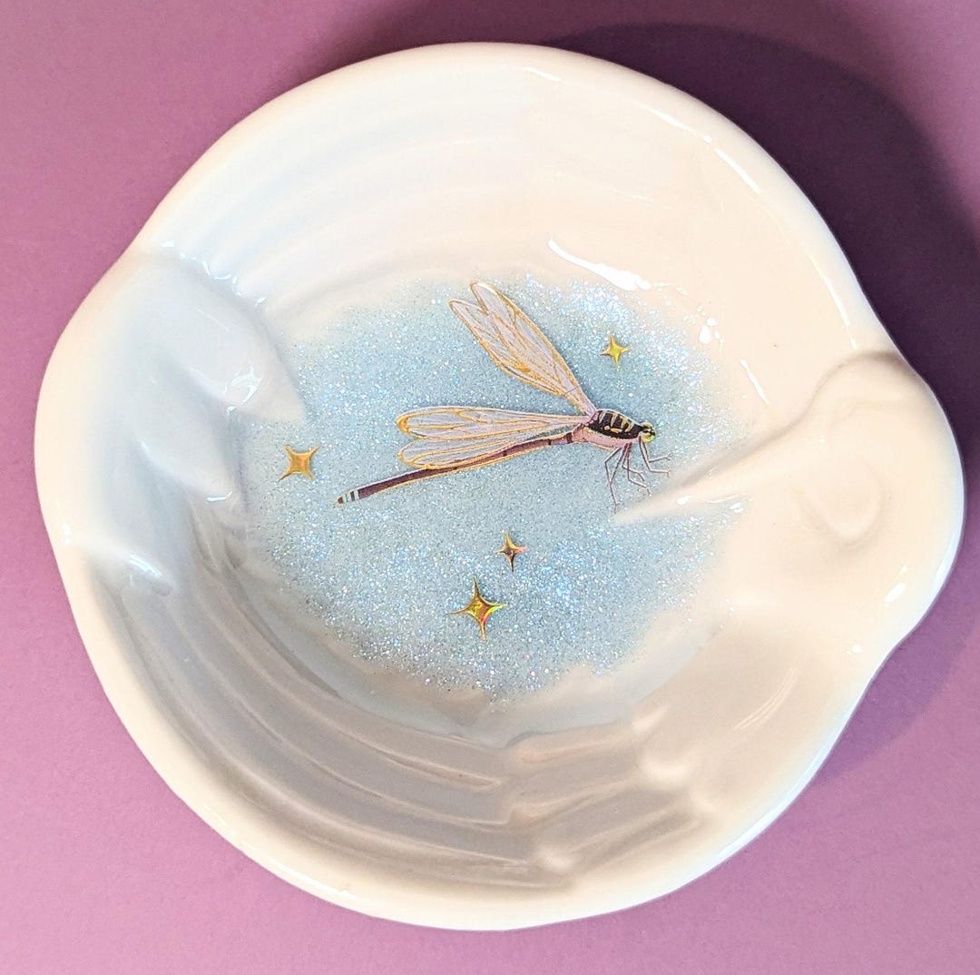Upcycled Crane Ring Dish: Dragonfly Glitter Pond Decor - Etsy