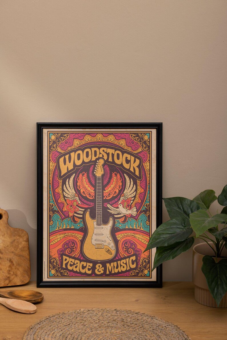 Woodstock Festival Guitar Poster – 60s Psychedelic Art Print – Vintage ...