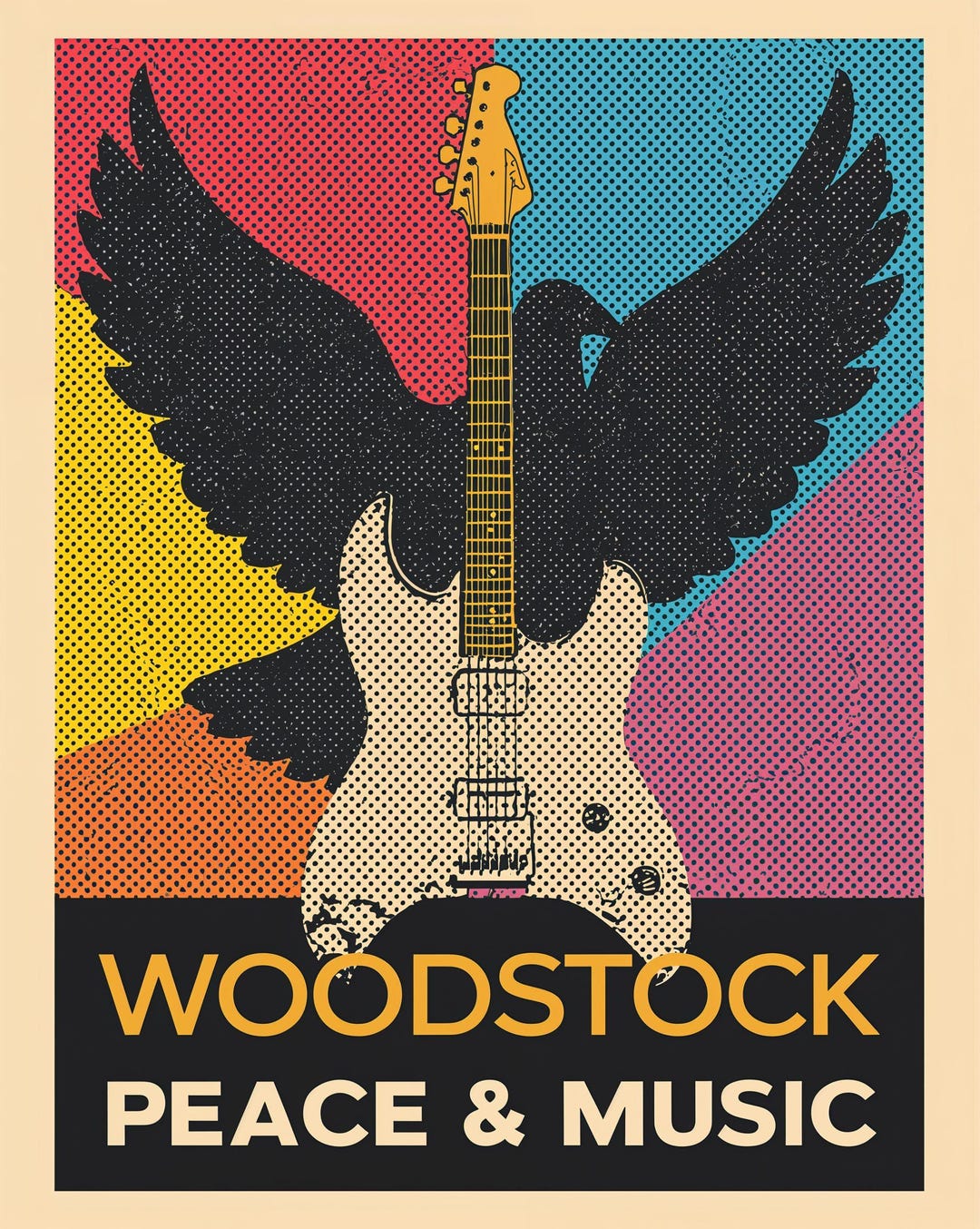 Woodstock Peace and Music Poster – Retro Guitar & Dove – Vintage ...