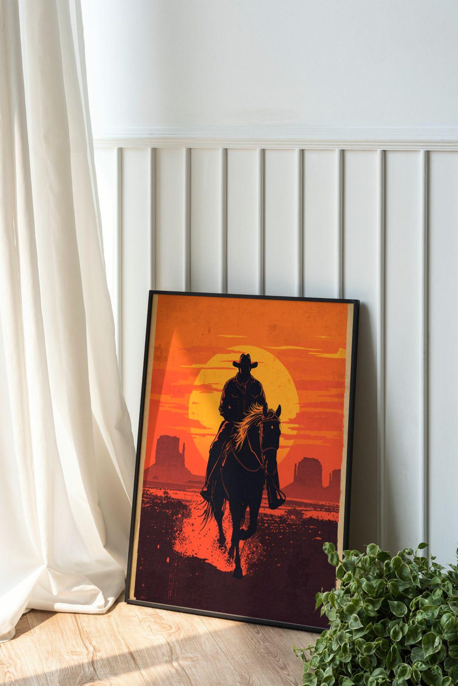 Western Cowboy Sunset Wall Art Print, Vintage American West Desert ...