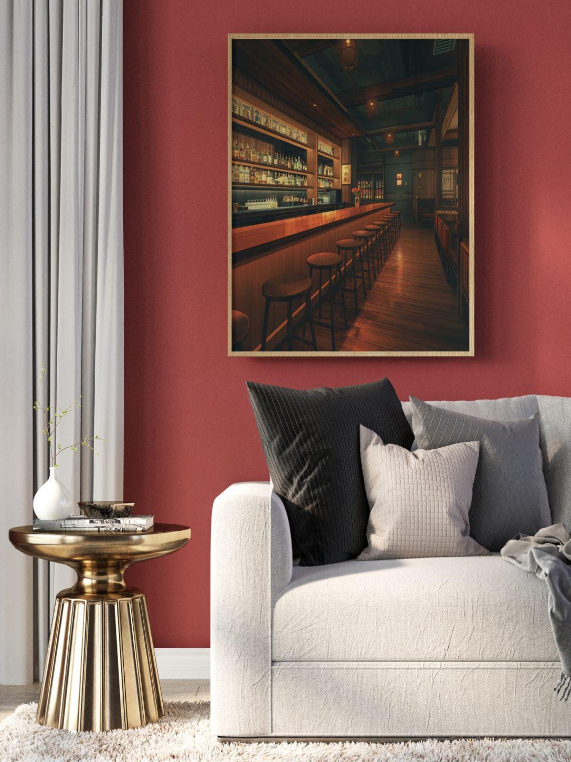 Vintage Japanese Bar Interior Printable Wall Art – Warm Wood and Amber ...