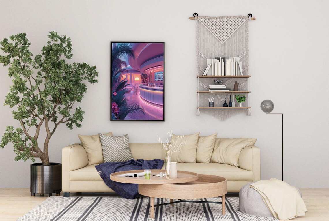 Vaporwave Sunset Bar Wall Art – Tropical Neon Lounge Print, Retro ...