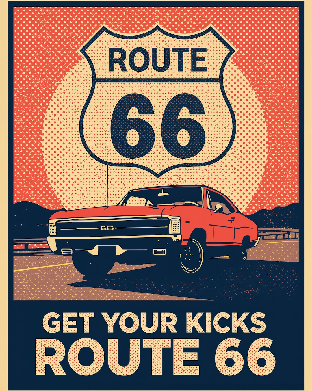 Route 66 Vintage Muscle Car Poster – Retro American Road Trip Wall Art ...