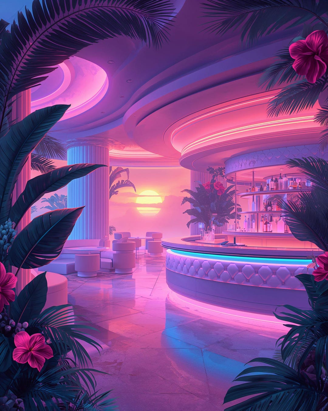 Vaporwave Sunset Bar Poster – Tropical Neon Lounge Digital Wall Art - Etsy
