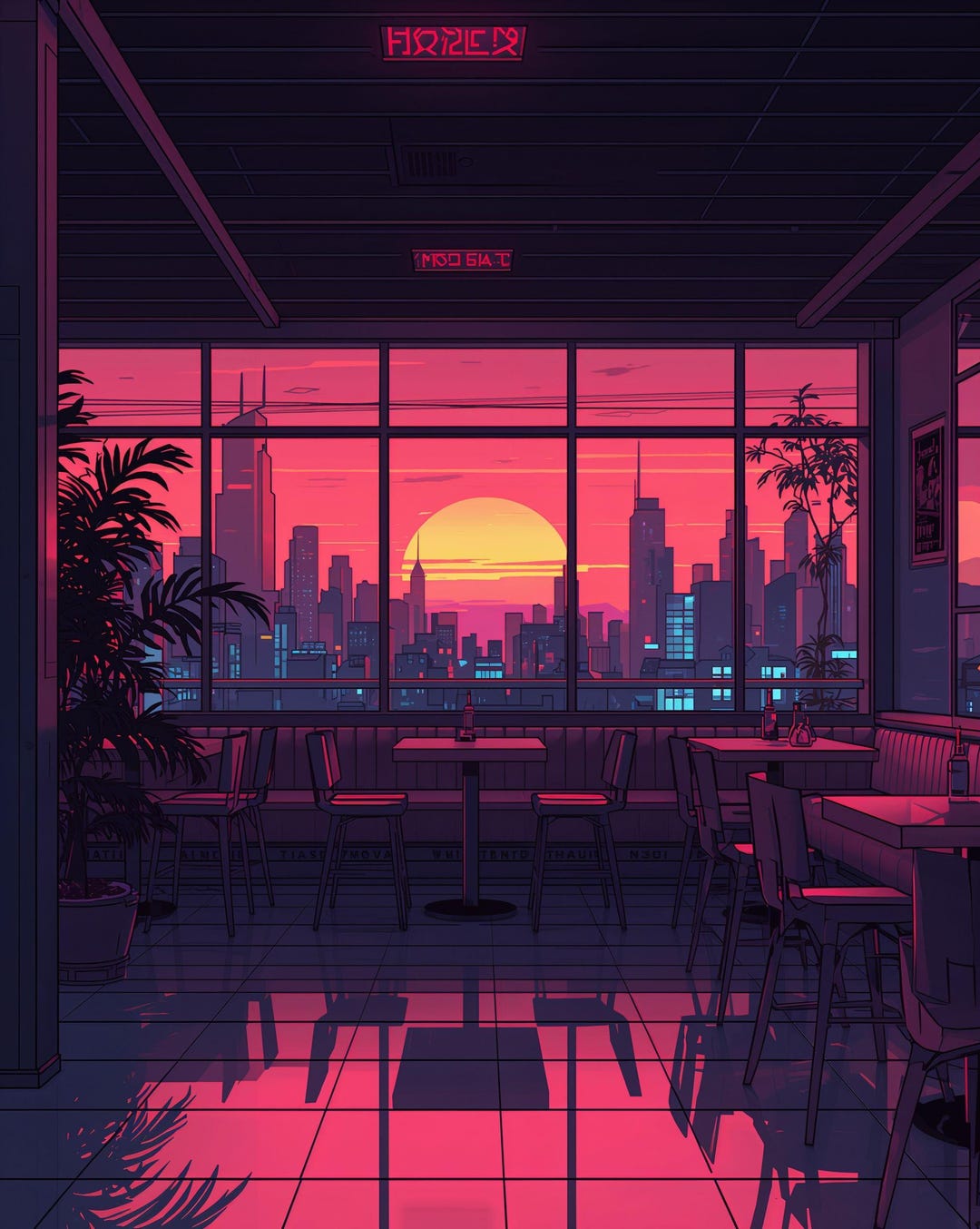 City Sunset Bar Wall Art – Neon Skyline Lounge Printable Poster - Etsy