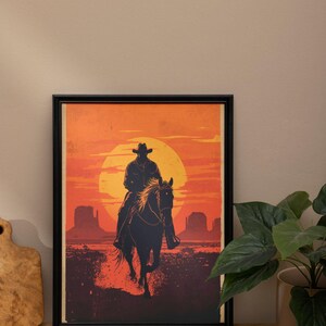 Western Cowboy Sunset Wall Art Print, Vintage American West Desert ...