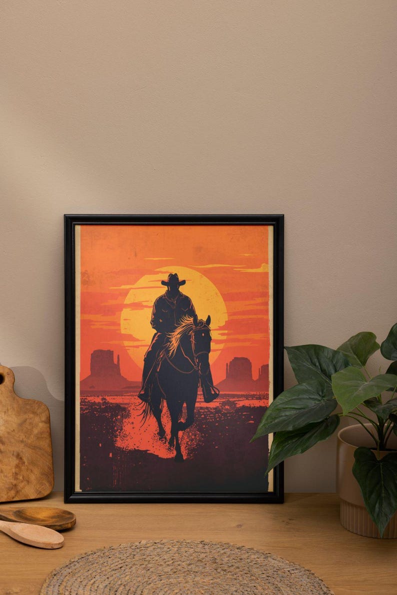 Western Cowboy Sunset Wall Art Print, Vintage American West Desert ...