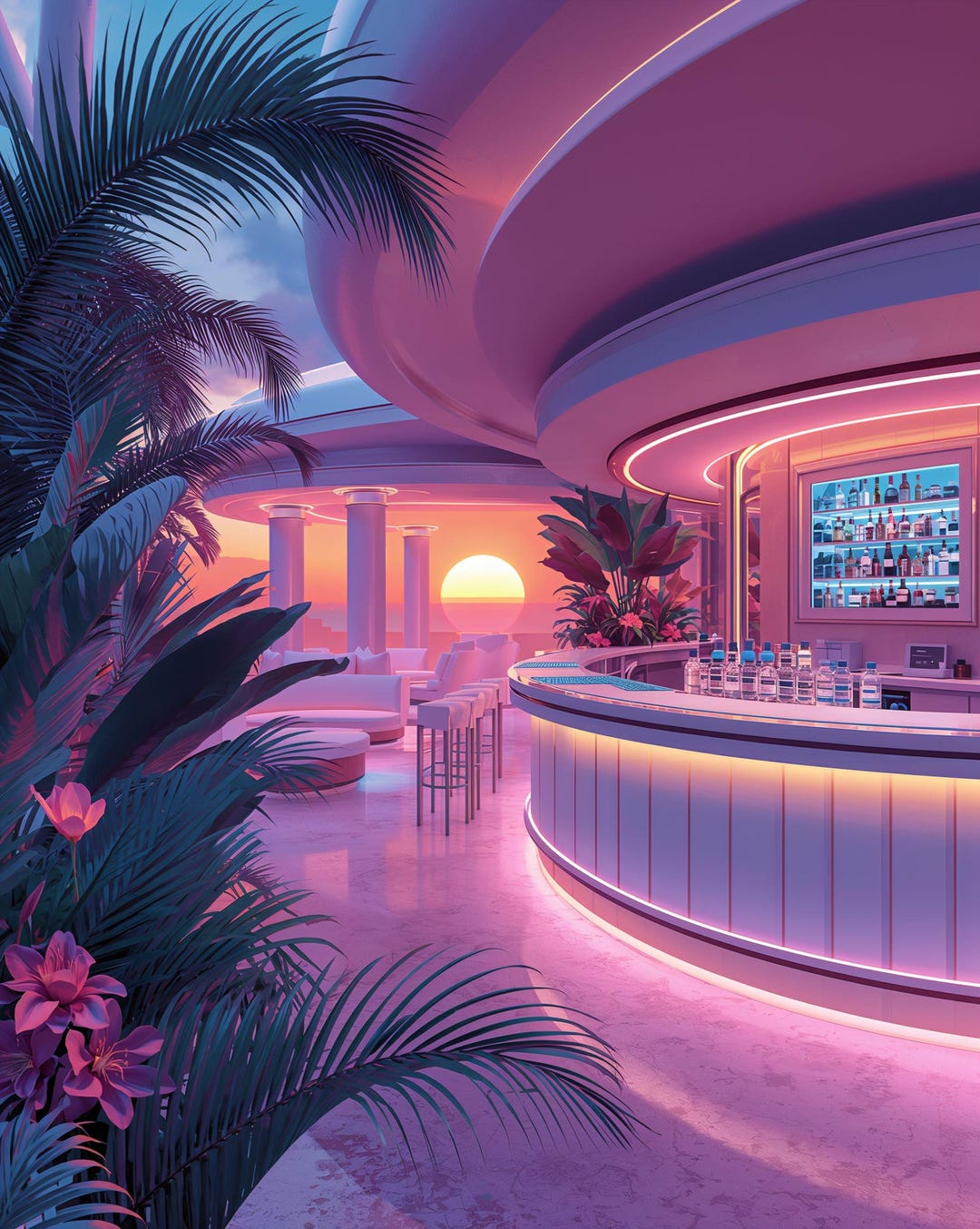 Vaporwave Sunset Bar Wall Art – Tropical Neon Lounge Print, Retro ...
