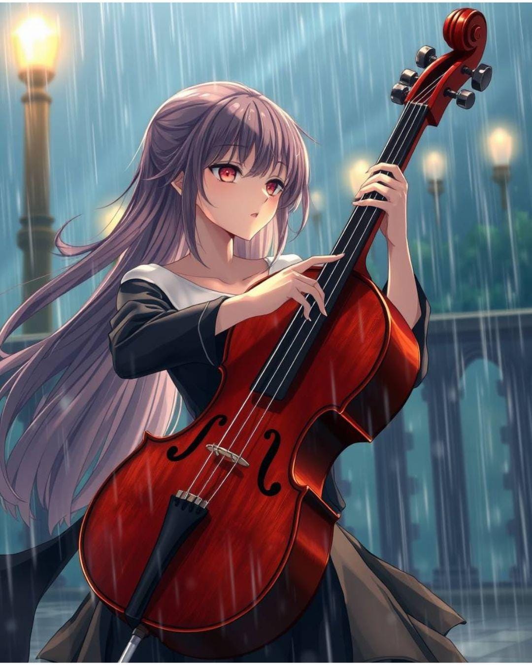Anime Girl Playing Cello in the Rain – Emotional Japanese Illustration ...