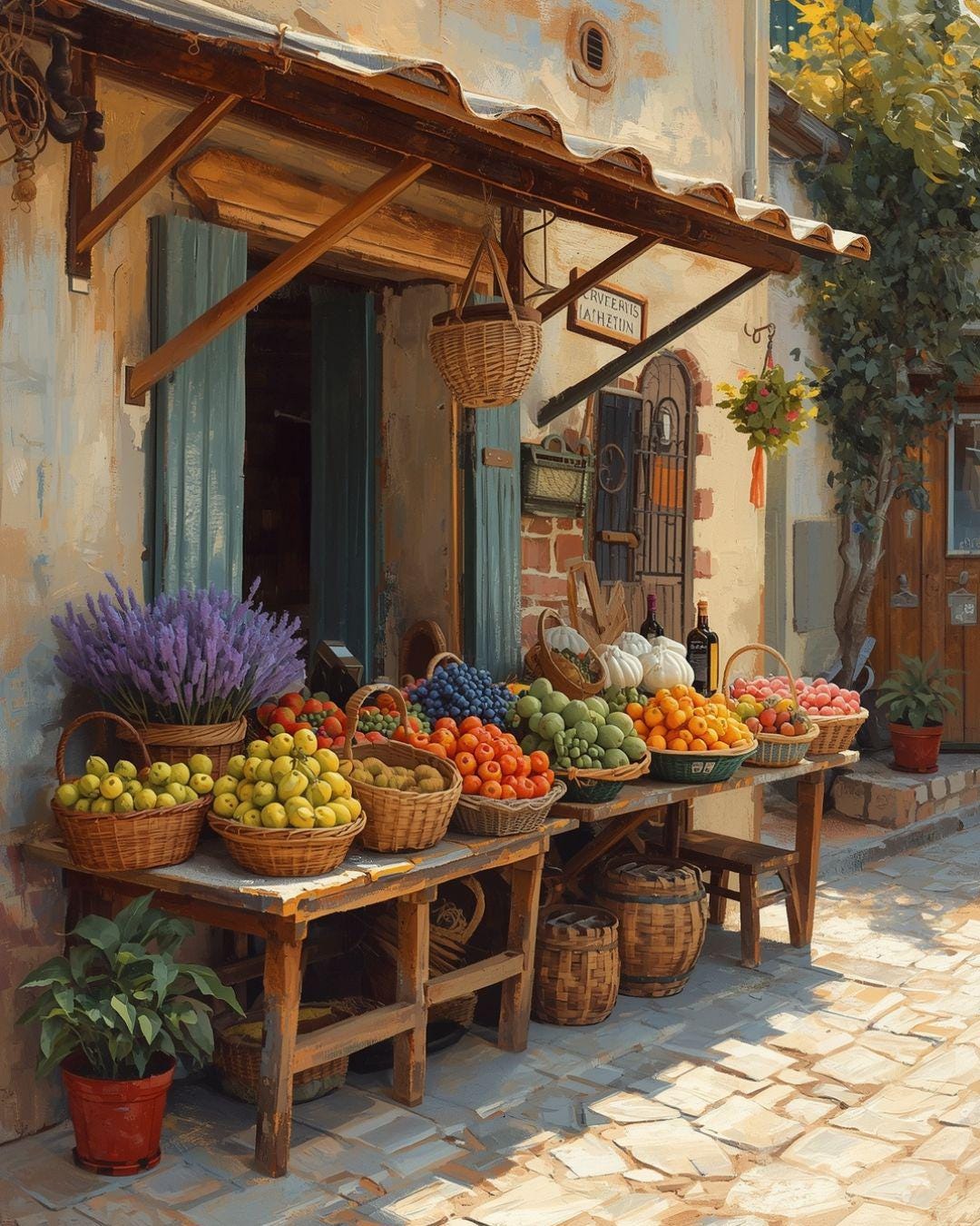 Mediterranean Market Painting Wall Art, Rustic Fruit Stand Kitchen ...