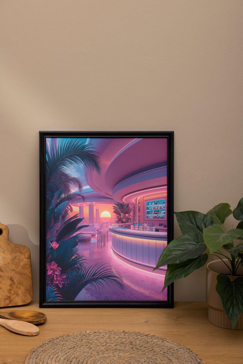 Vaporwave Sunset Bar Wall Art – Tropical Neon Lounge Print, Retro ...
