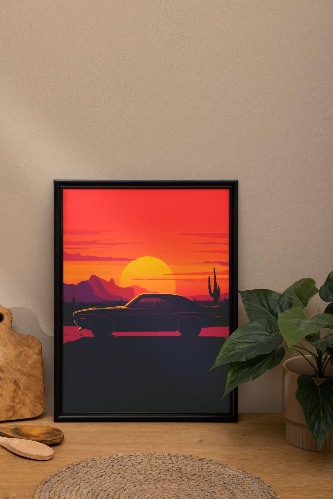 American Muscle Car Sunset Wall Art Print, Retro Desert Road - Etsy
