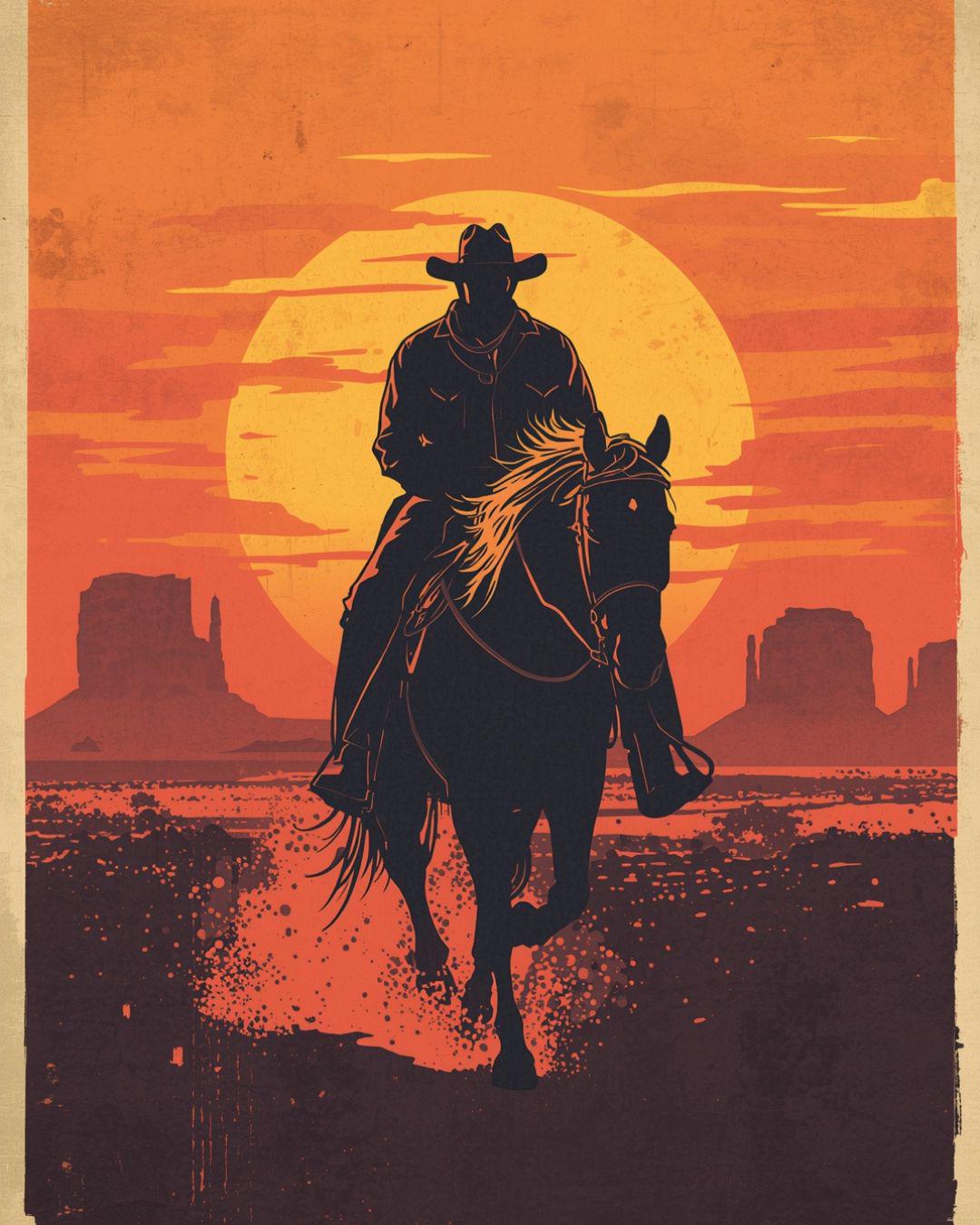 Western Cowboy Sunset Wall Art Print, Vintage American West Desert ...