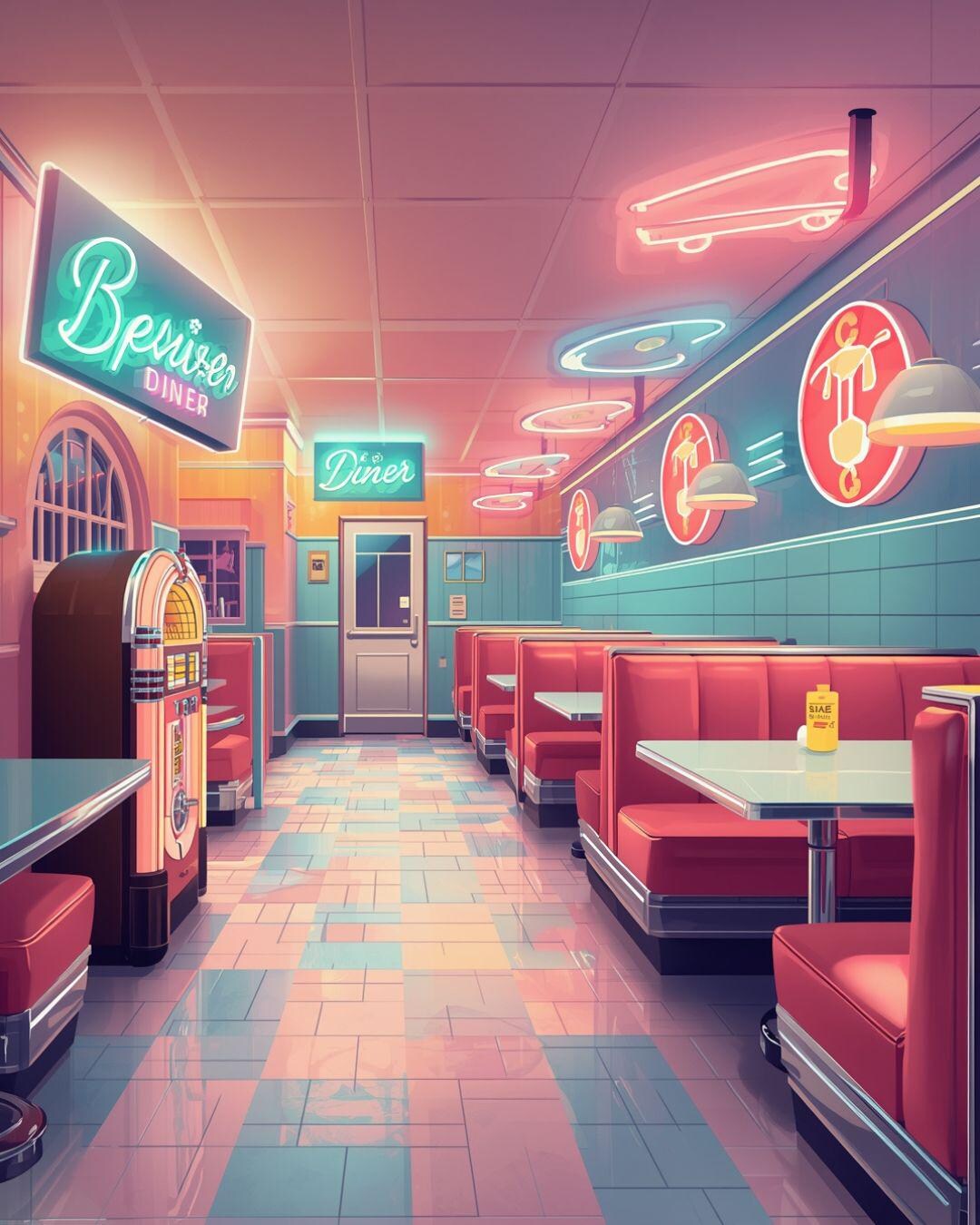 Retro Neon Diner Wall Art Print, 1950s American Restaurant, Vintage ...