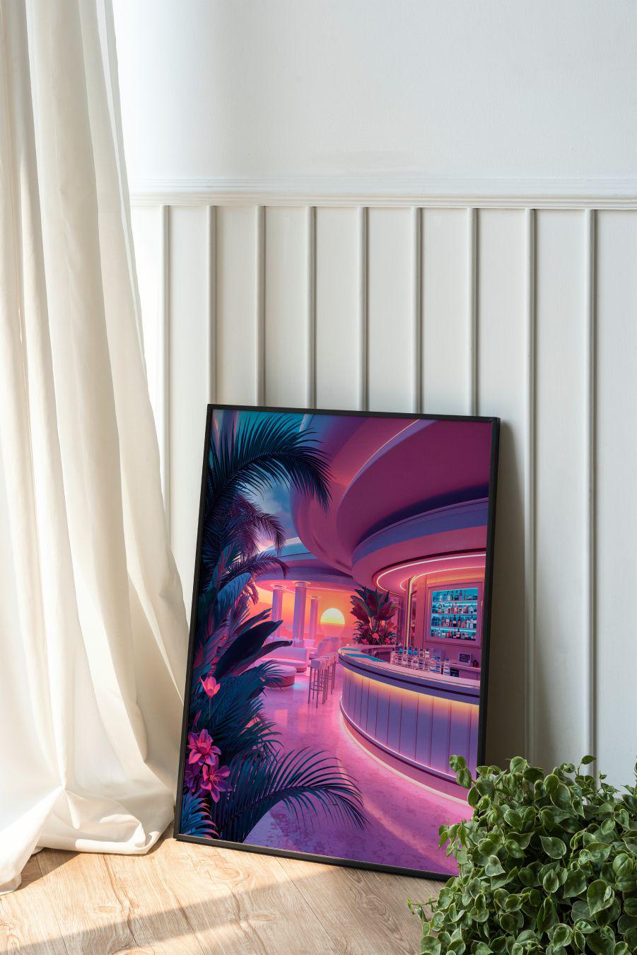 Vaporwave Sunset Bar Wall Art – Tropical Neon Lounge Print, Retro ...