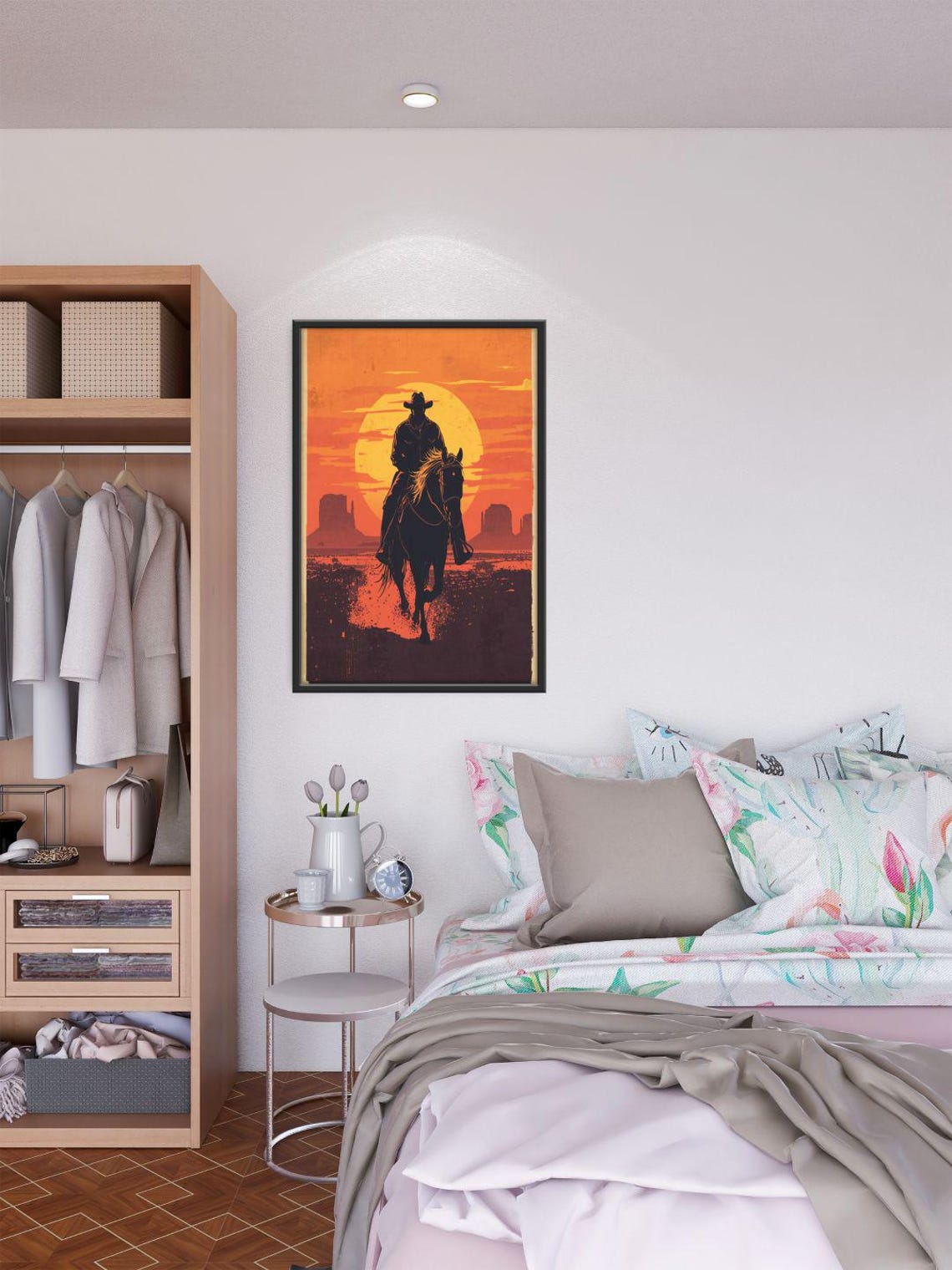 Western Cowboy Sunset Wall Art Print, Vintage American West Desert ...